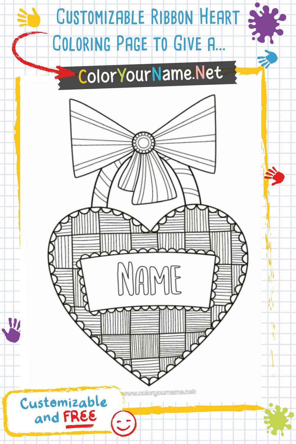 Customizable Ribbon Heart Coloring Page to Give as a Gift