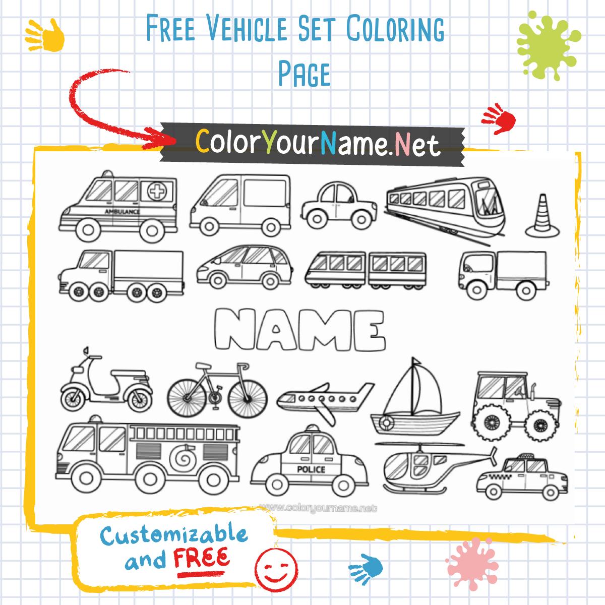 Free Vehicle Set Coloring Page