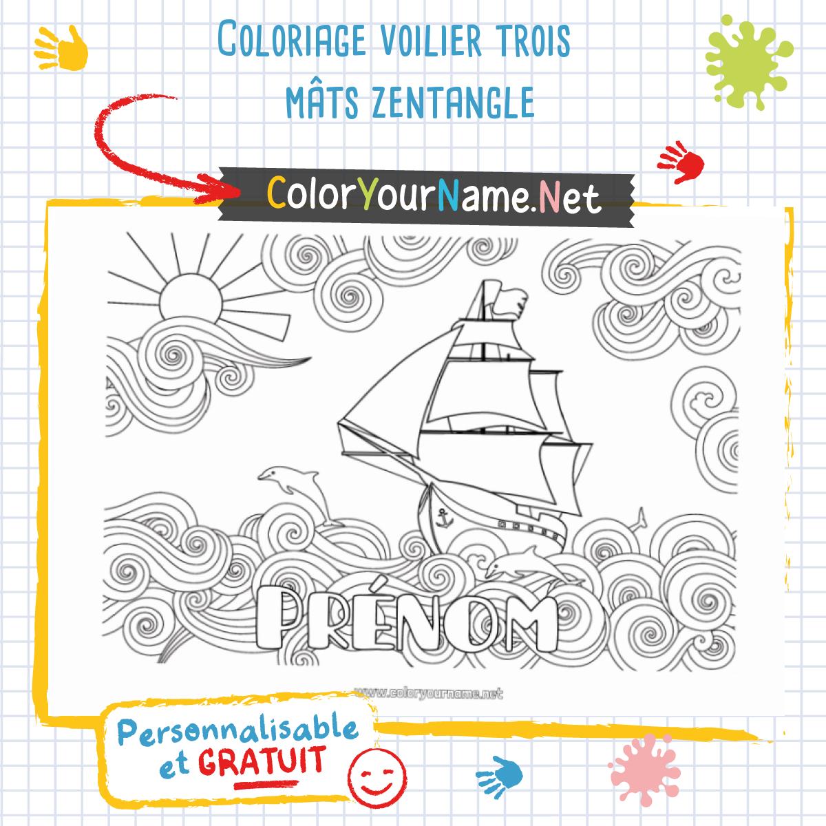 Coloriage voilier trois mâts zentangle