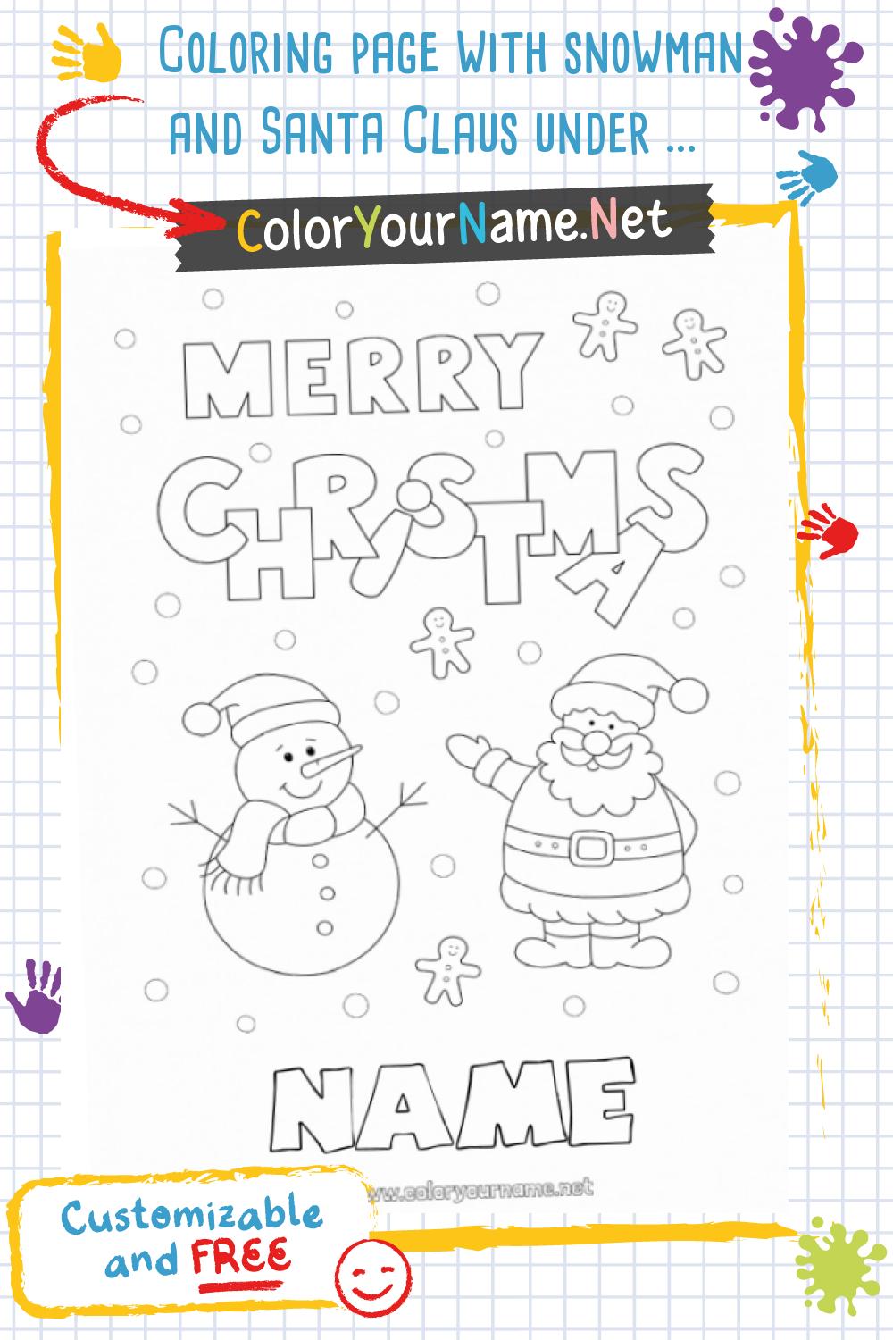 Coloring page with snowman and Santa Claus under the snow