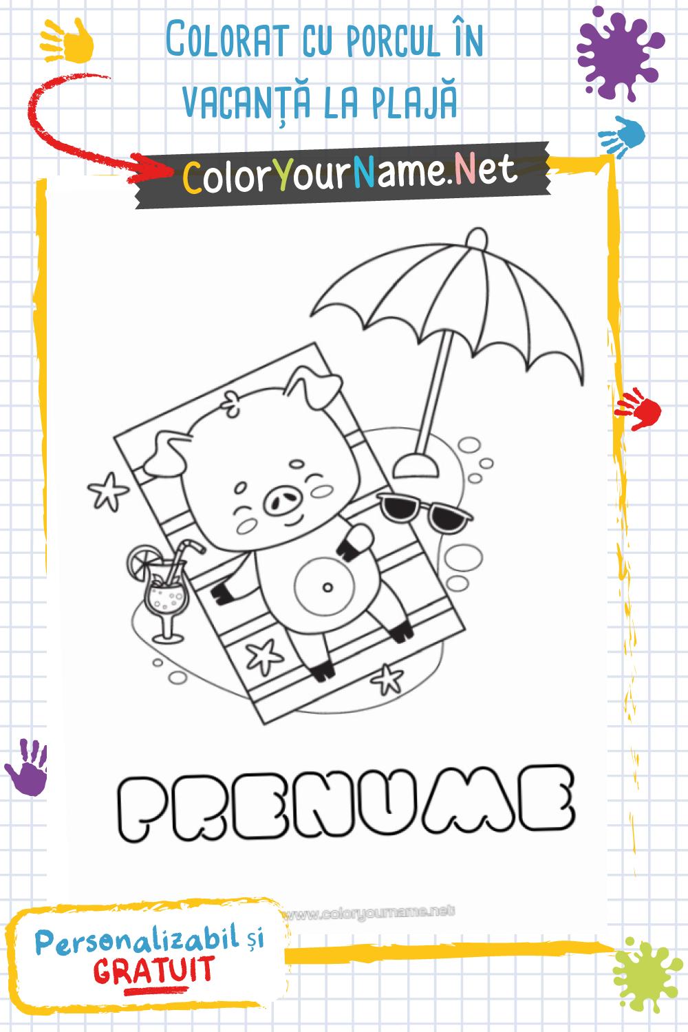 Colorat cu porcul în vacanță la plajă
