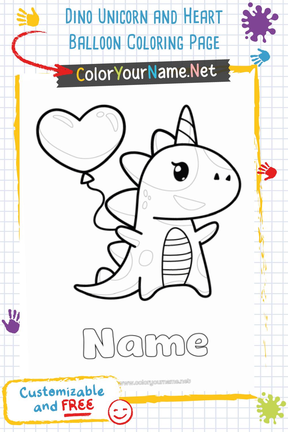 Dino Unicorn and Heart Balloon Coloring Page