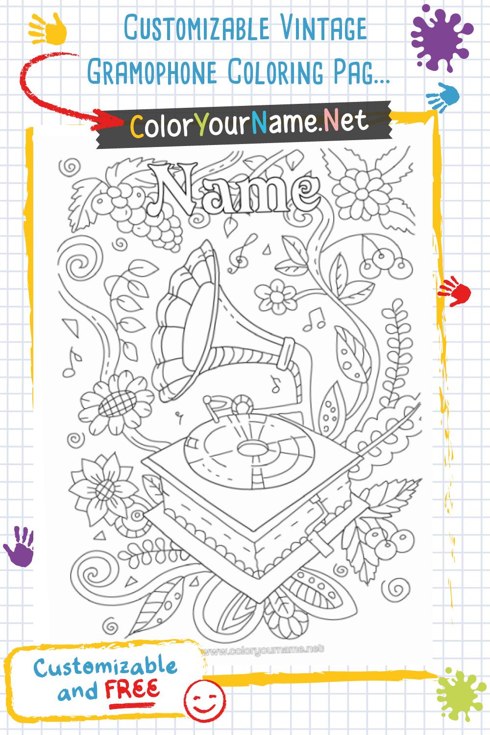 Customizable Vintage Gramophone Coloring Page - Music Festival