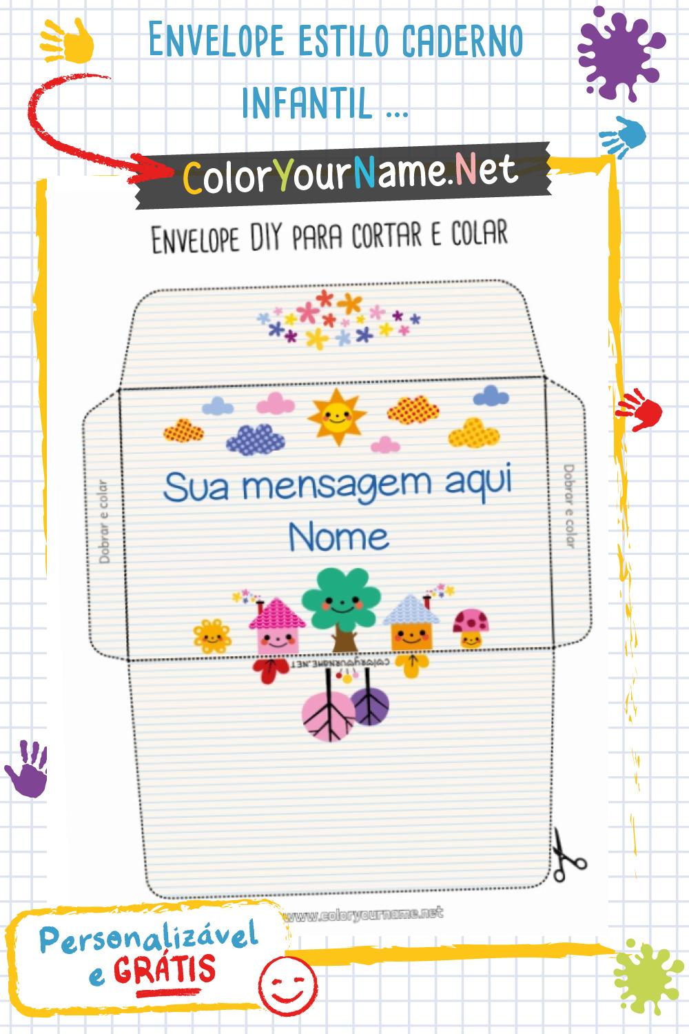 Envelope estilo caderno infantil DIY personalizável para imprimir