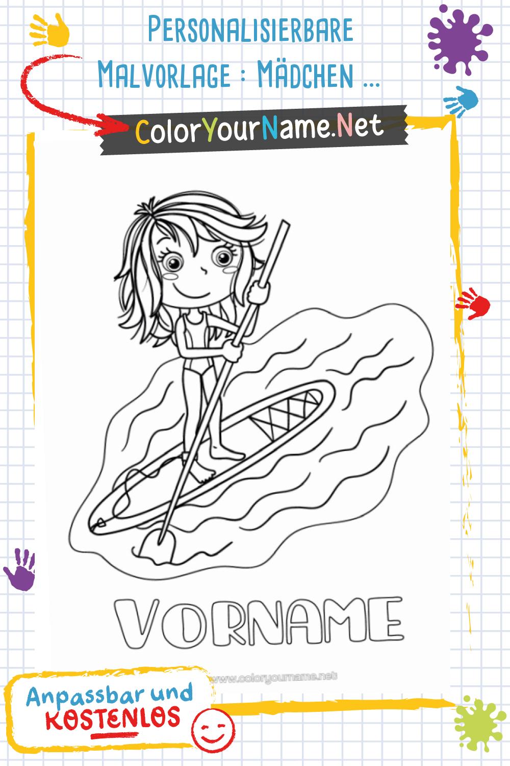 Personalisierbare Malvorlage : Mädchen auf einem Paddleboard