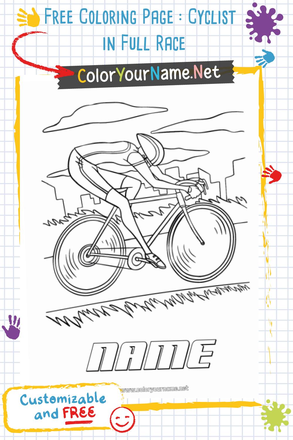 Free Coloring Page : Cyclist in Full Race