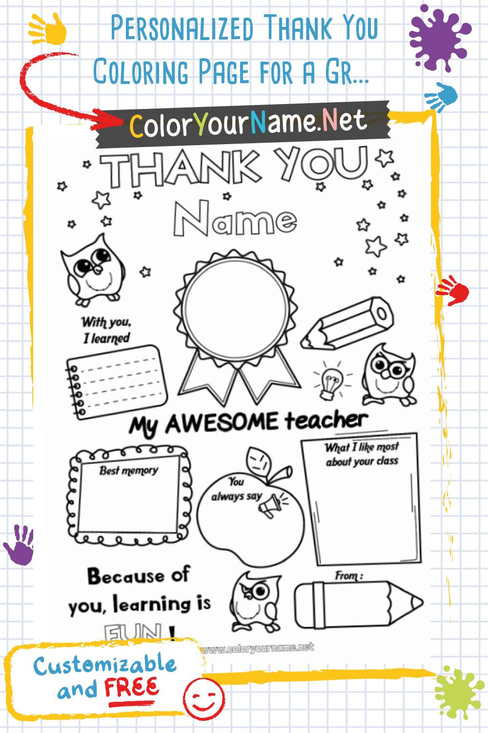 Personalized Thank You Coloring Page for a Great Teacher