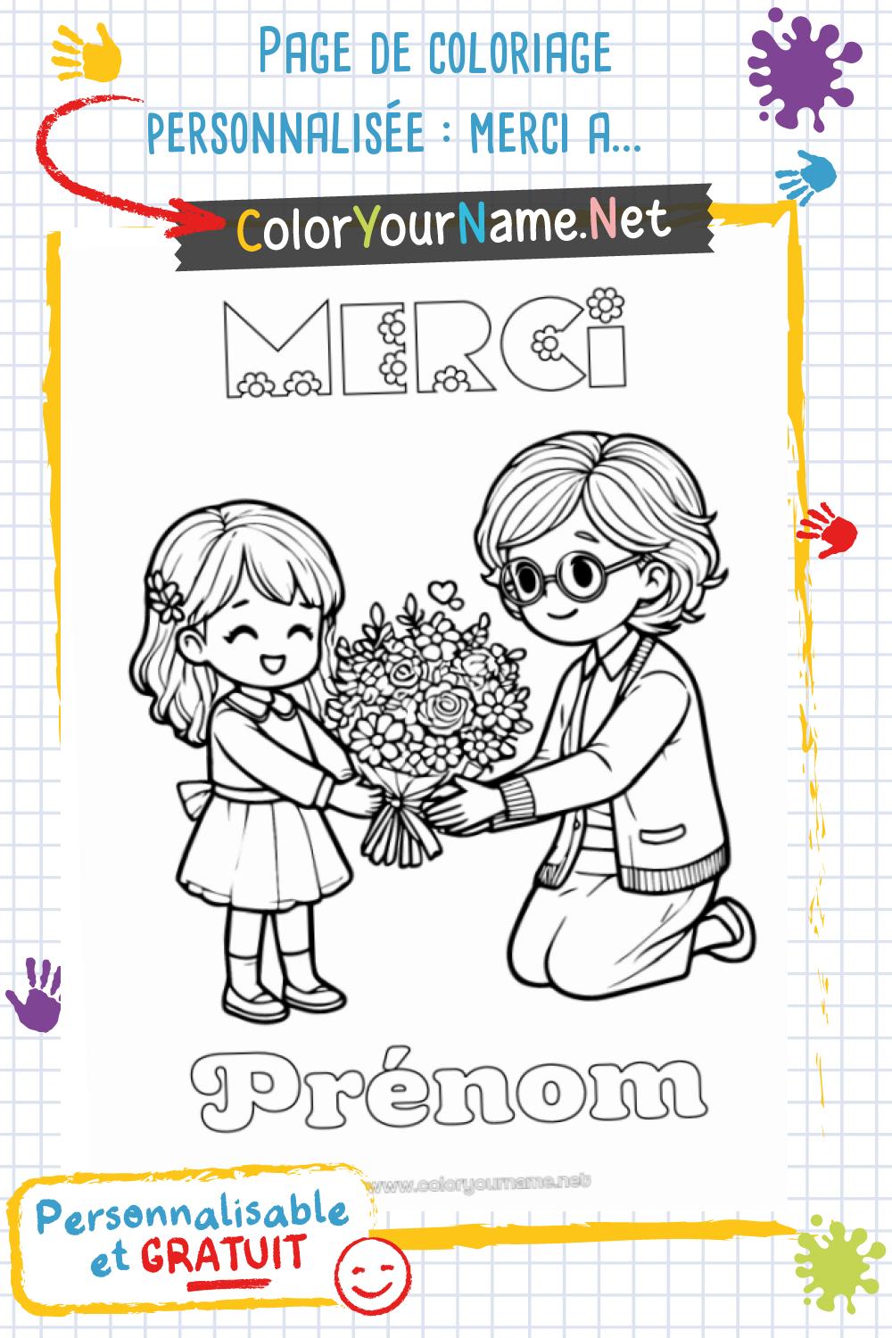 Page de coloriage personnalisée : merci avec un bouquet