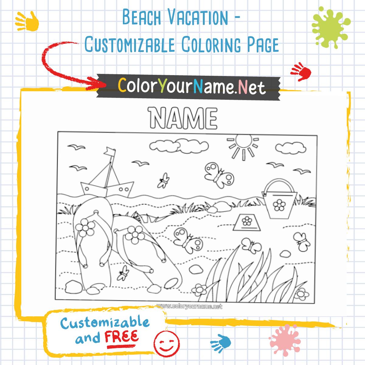 Beach Vacation - Customizable Coloring Page