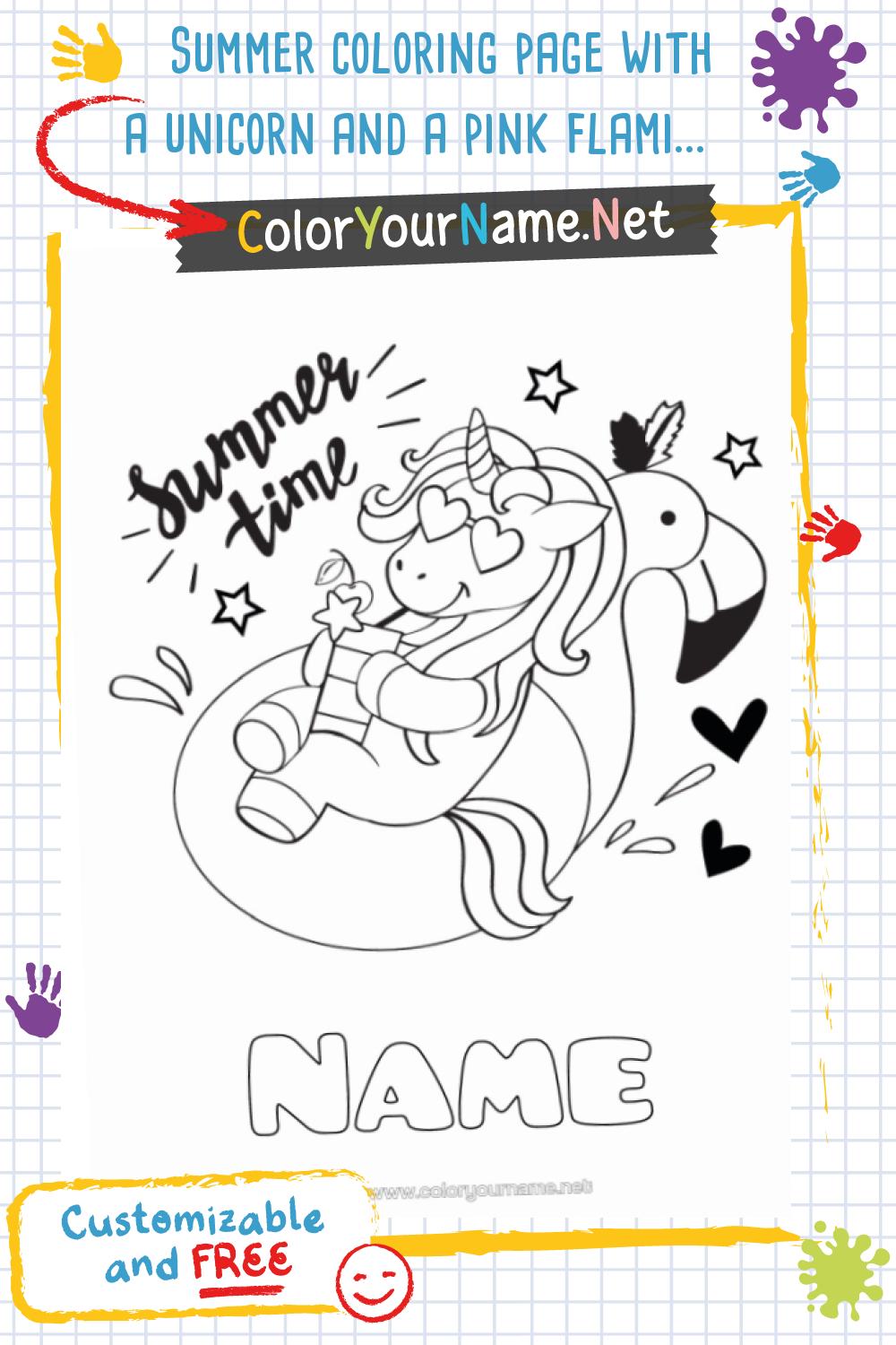 Summer coloring page with a unicorn and a pink flamingo buoy