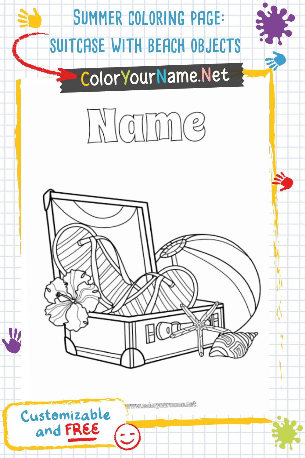 Summer coloring page: suitcase with beach objects