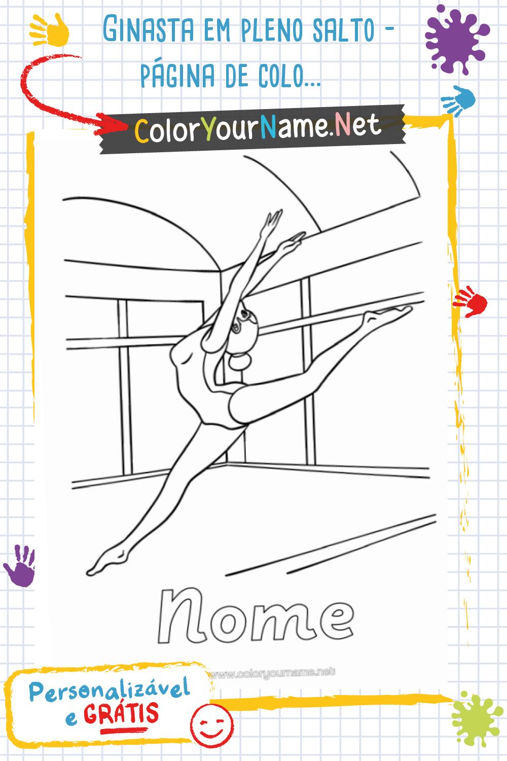 Ginasta em pleno salto - página de colorir personalizável