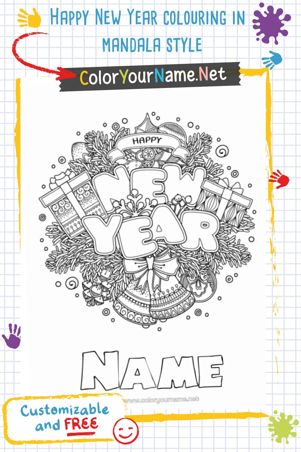 Happy New Year colouring in mandala style