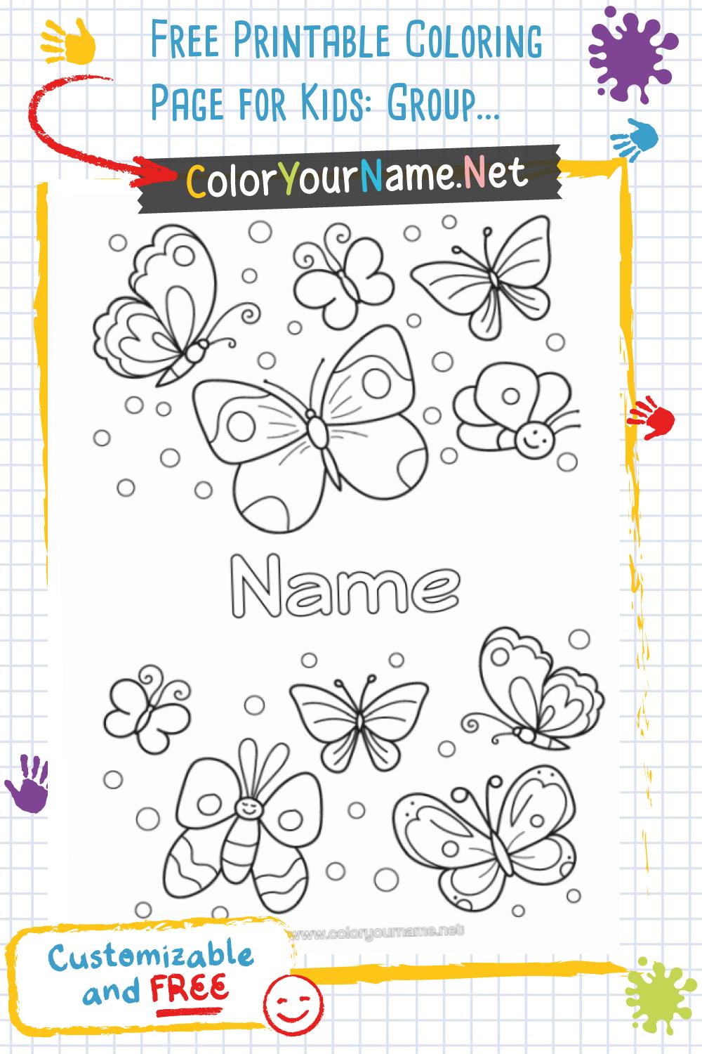 Free Printable Coloring Page for Kids: Group of Butterflies