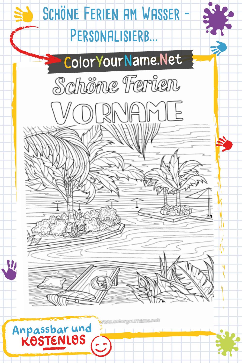 Schöne Ferien am Wasser - Personalisierbare Zentangle-Malvorlage