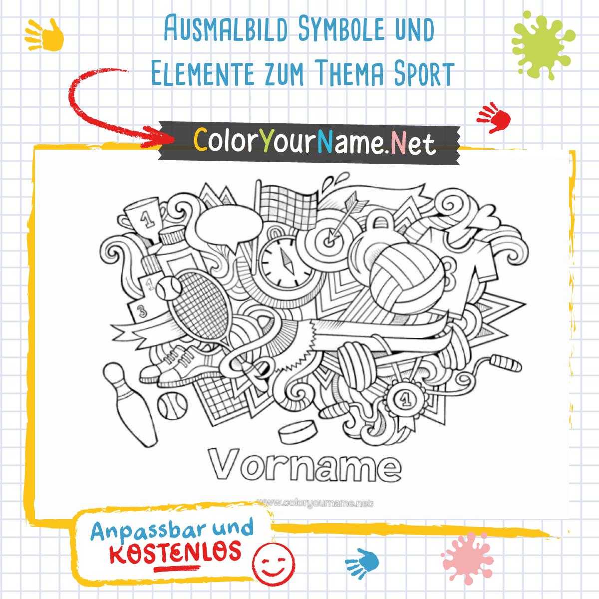 Ausmalbild Symbole und Elemente zum Thema Sport