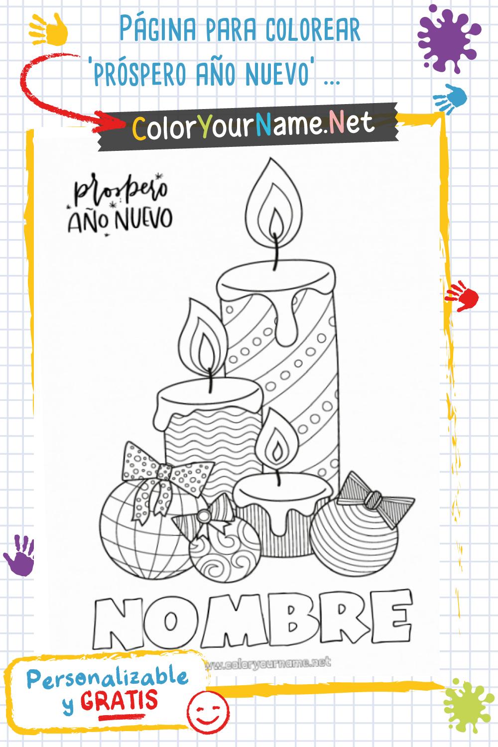 Página para colorear 'próspero año nuevo' con velas y chucherías