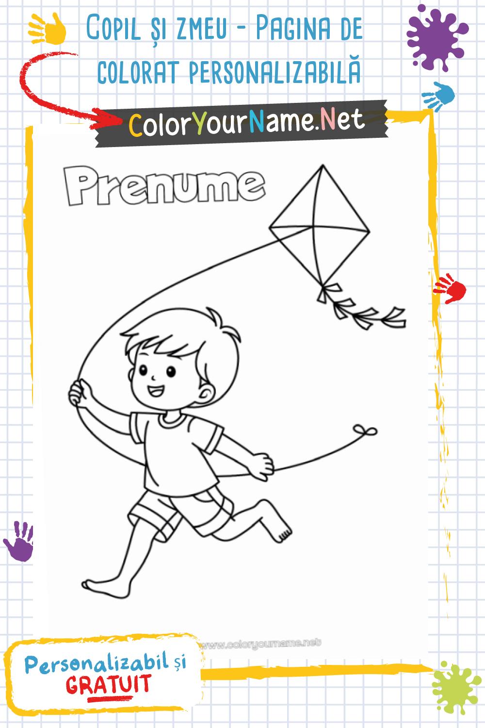 Copil și zmeu - Pagina de colorat personalizabilă