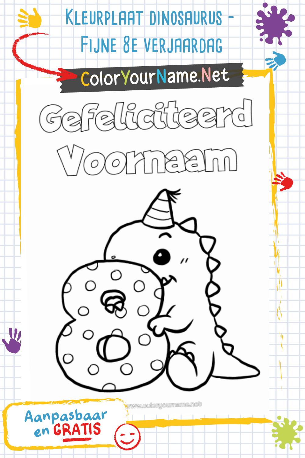 Kleurplaat dinosaurus - Fijne 8e verjaardag