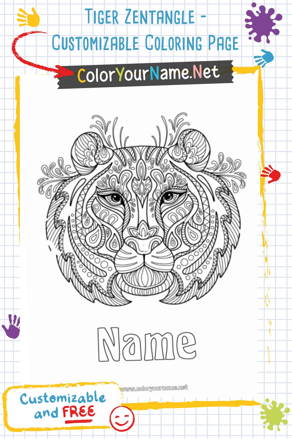 Tiger Zentangle - Customizable Coloring Page