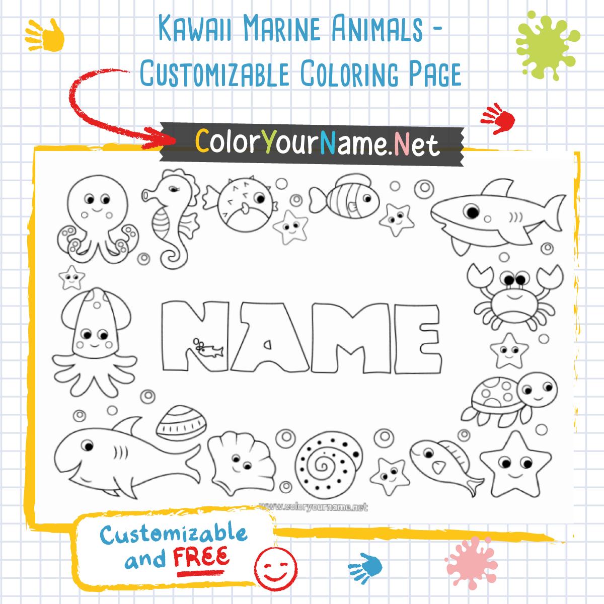 Kawaii Marine Animals - Customizable Coloring Page