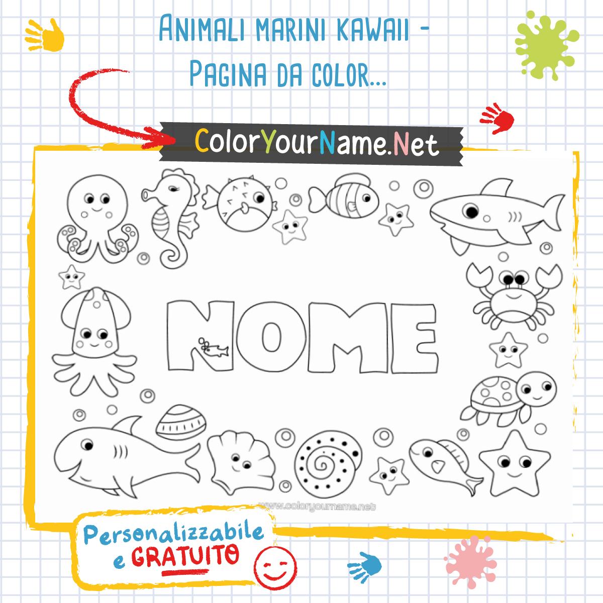 Animali marini kawaii - Pagina da colorare personalizzabile