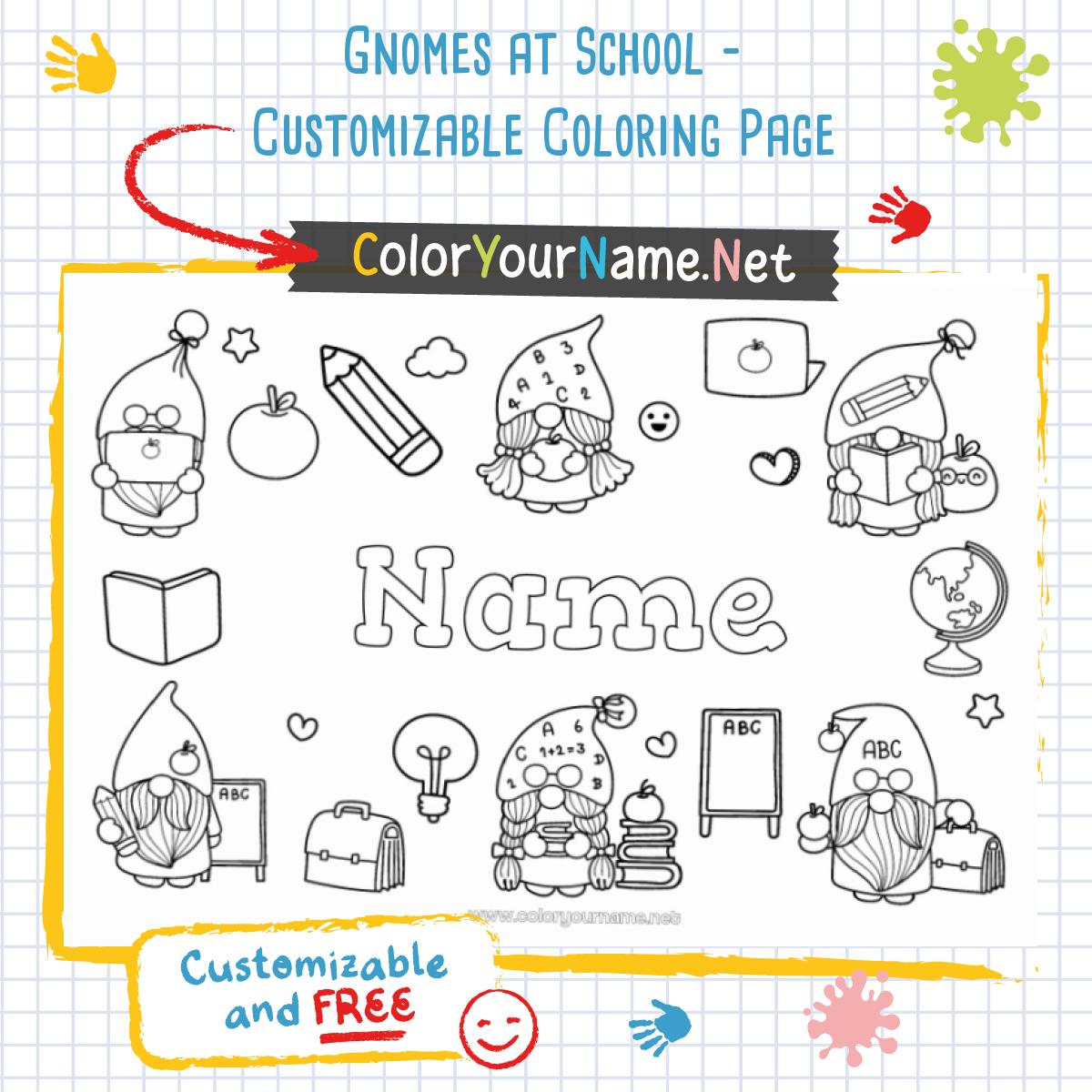 Gnomes at School - Customizable Coloring Page