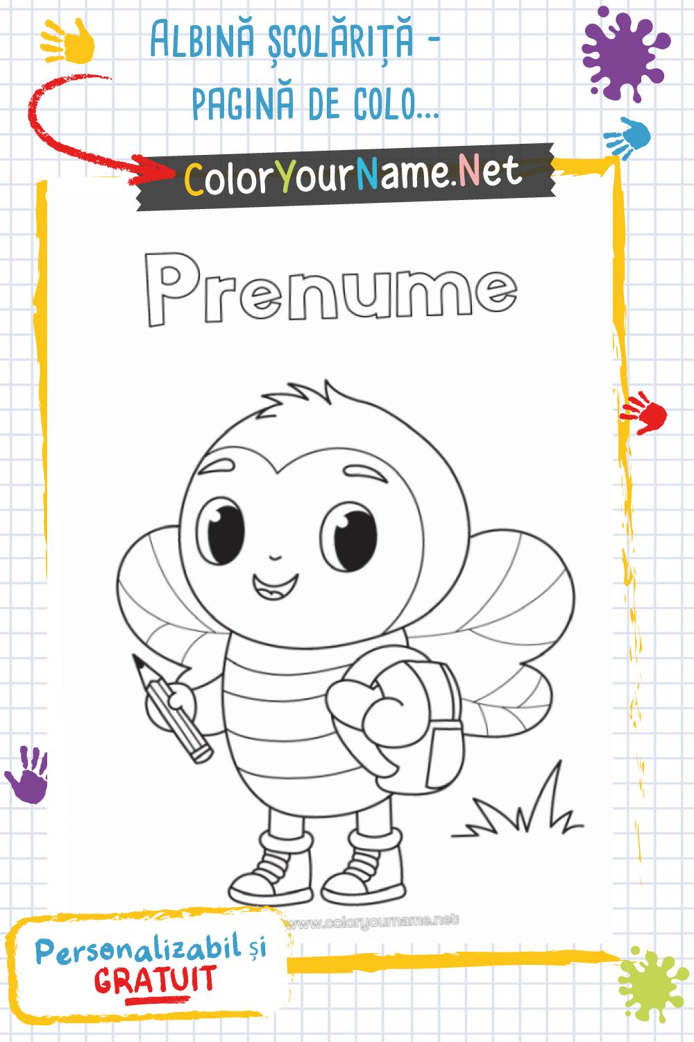 Albină școlăriță - pagină de colorat personalizabilă