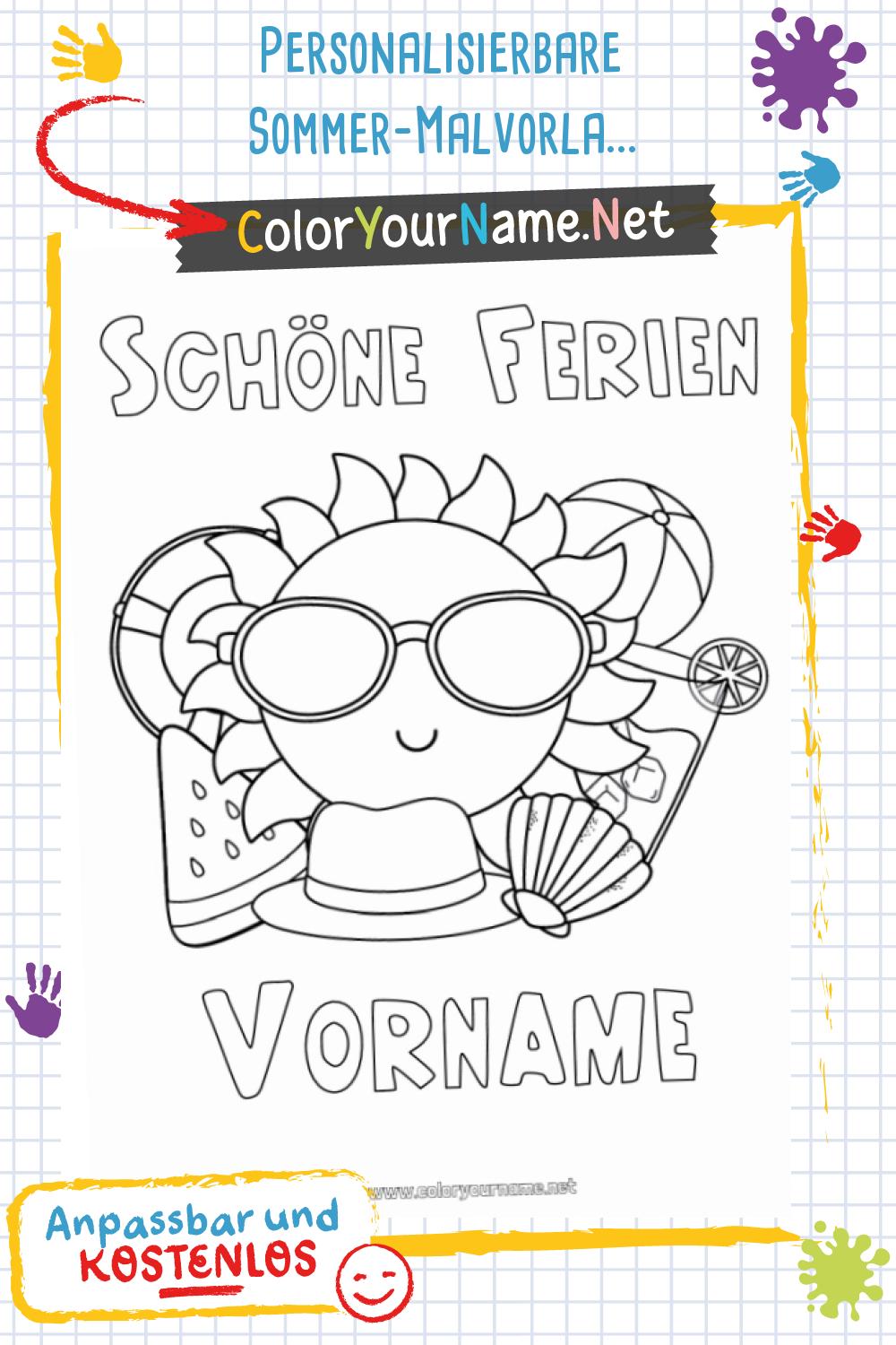 Personalisierbare Sommer-Malvorlage: Schöne Ferien mit der Sonne