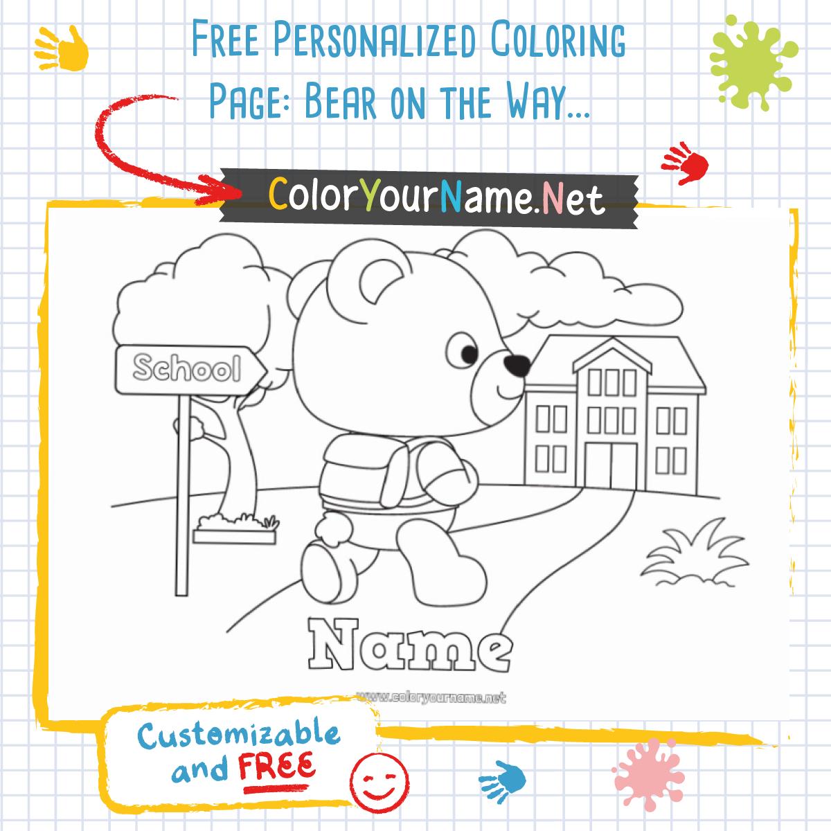 Free Personalized Coloring Page: Bear on the Way to School