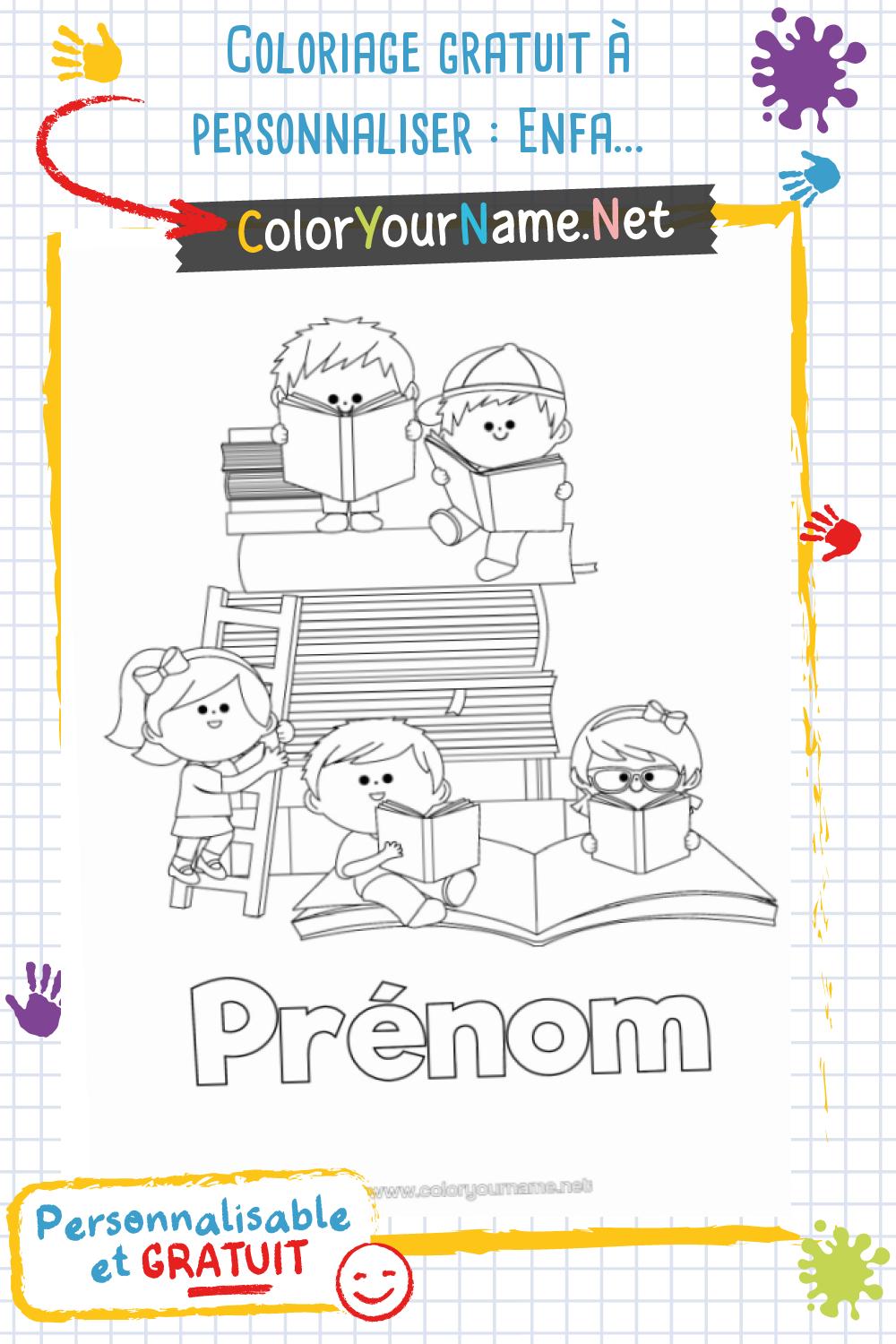 Coloriage gratuit à personnaliser : Enfants lisant sur une pile de livres