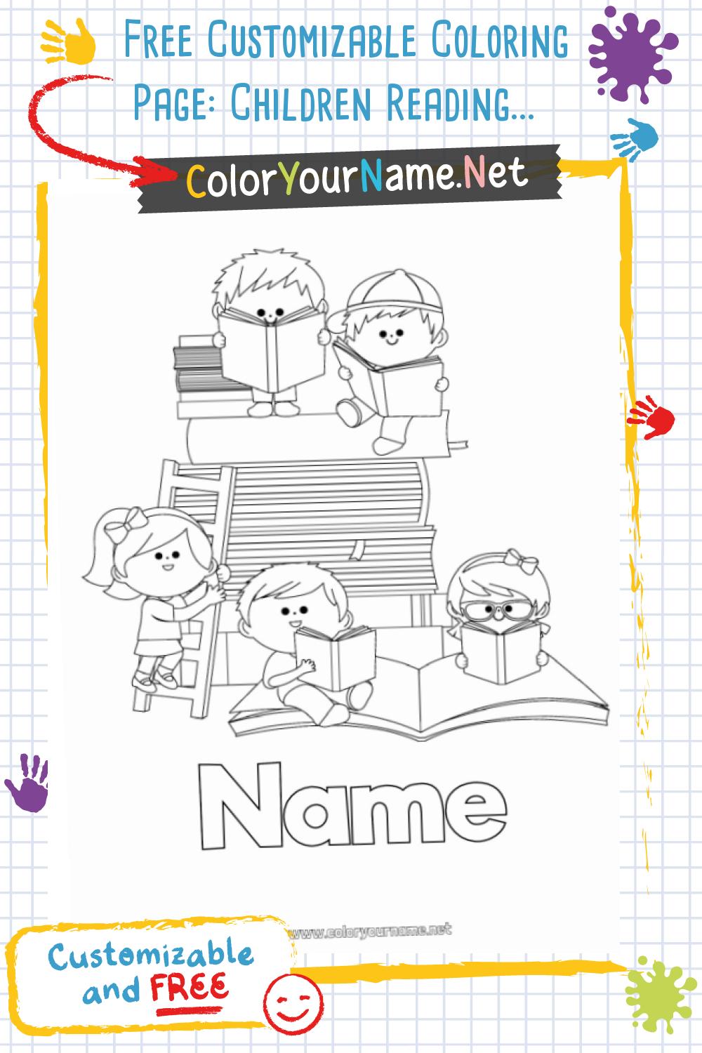 Free Customizable Coloring Page: Children Reading on a Pile of Books