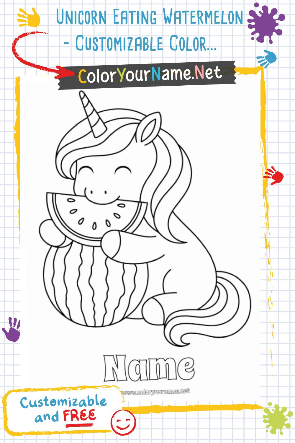 Unicorn Eating Watermelon - Customizable Coloring Page
