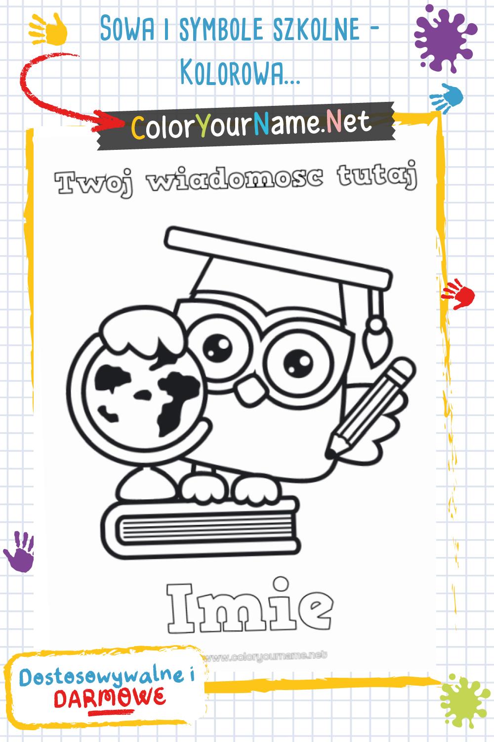 Sowa i symbole szkolne - Kolorowanka Personalizowana