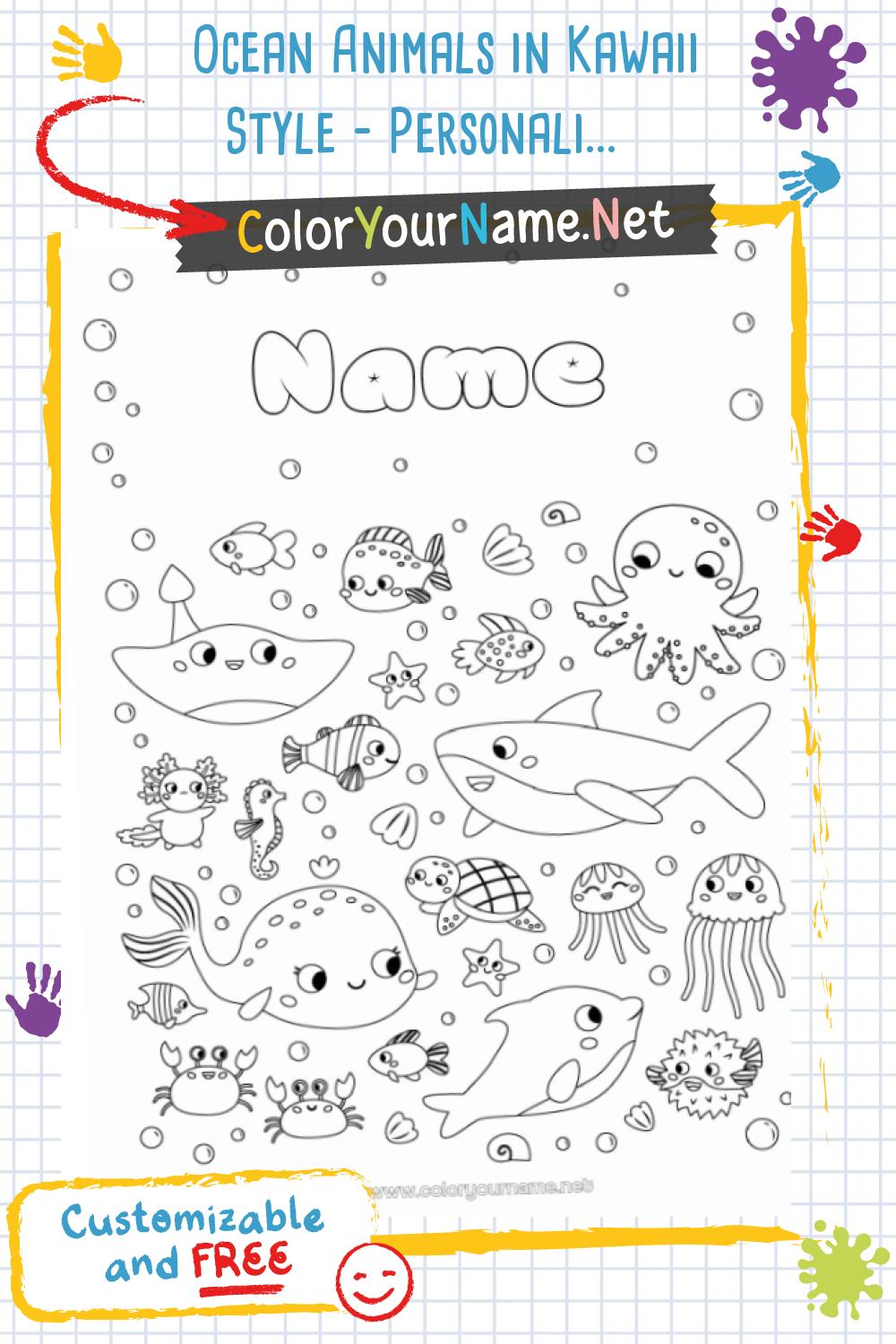 Ocean Animals in Kawaii Style - Personalized Coloring Page