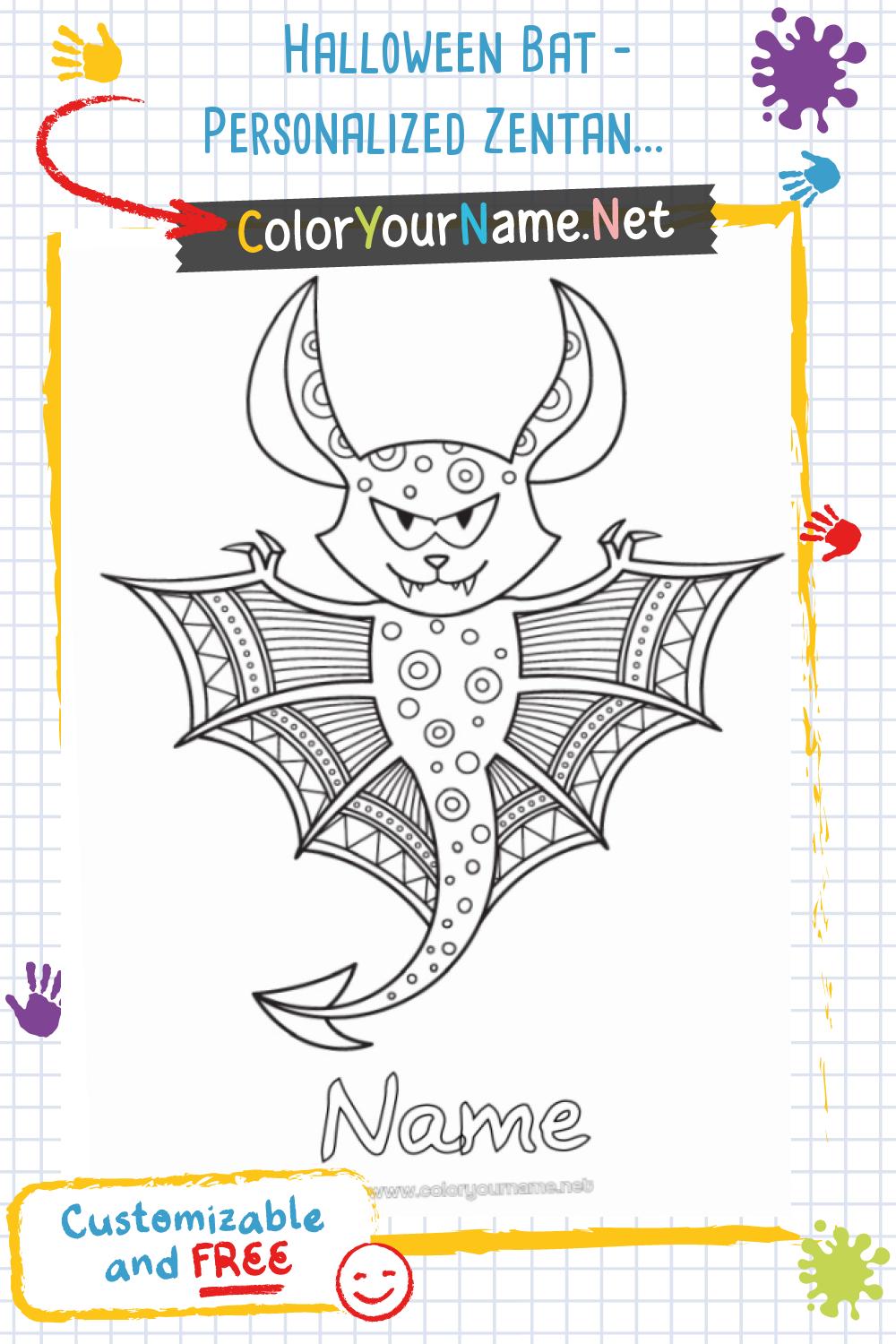 Halloween Bat - Personalized Zentangle Coloring Page