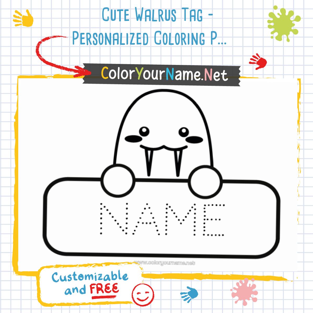 Cute Walrus Tag - Personalized Coloring Page for Coat Racks and Lockers