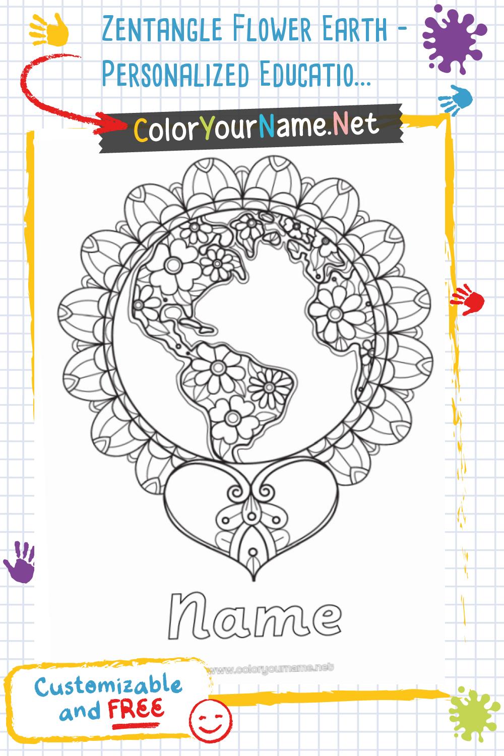 Zentangle Flower Earth - Personalized Educational Coloring Page