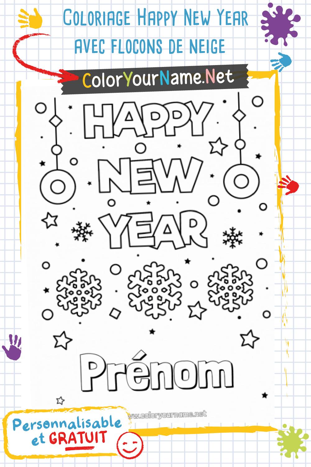 Coloriage Happy New Year avec flocons de neige