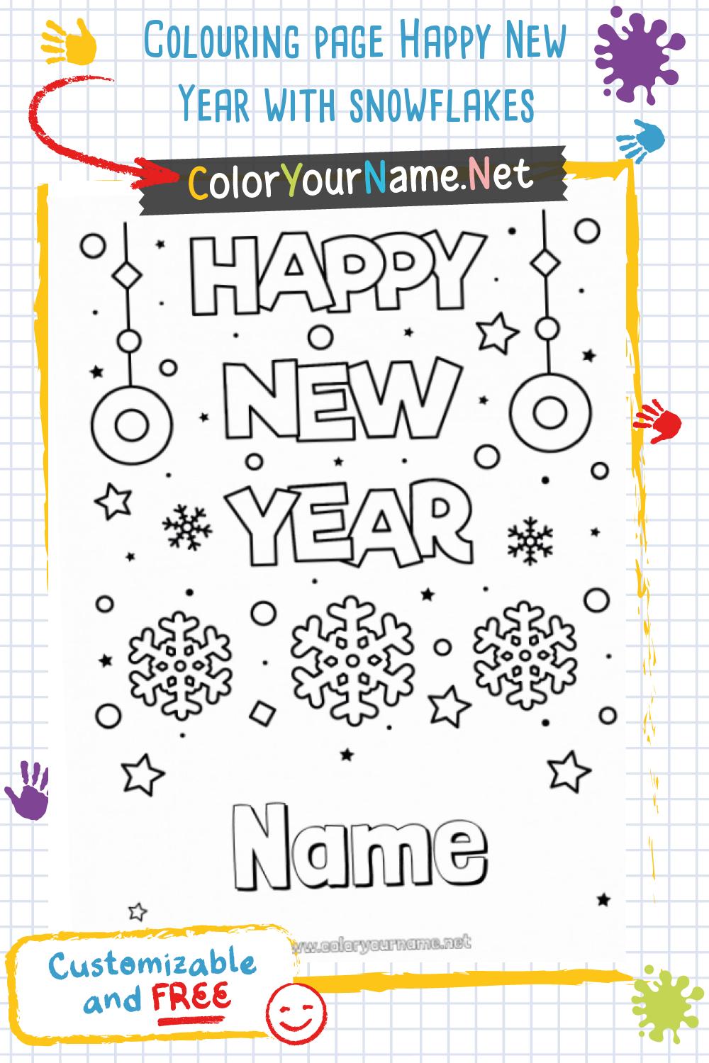 Colouring page Happy New Year with snowflakes