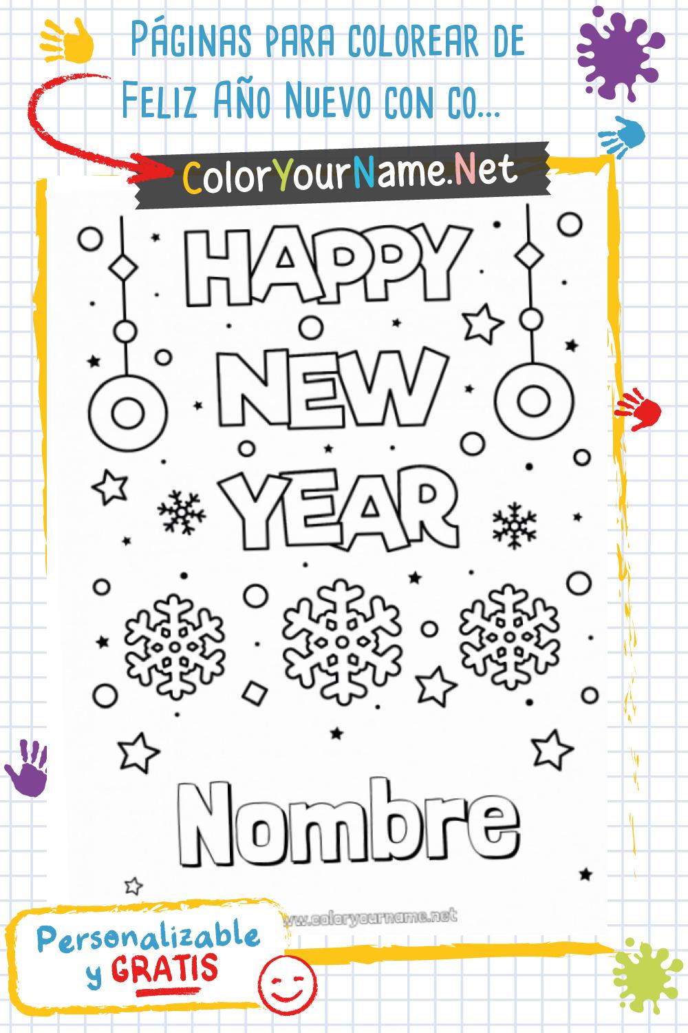 Páginas para colorear de Feliz Año Nuevo con copos de nieve