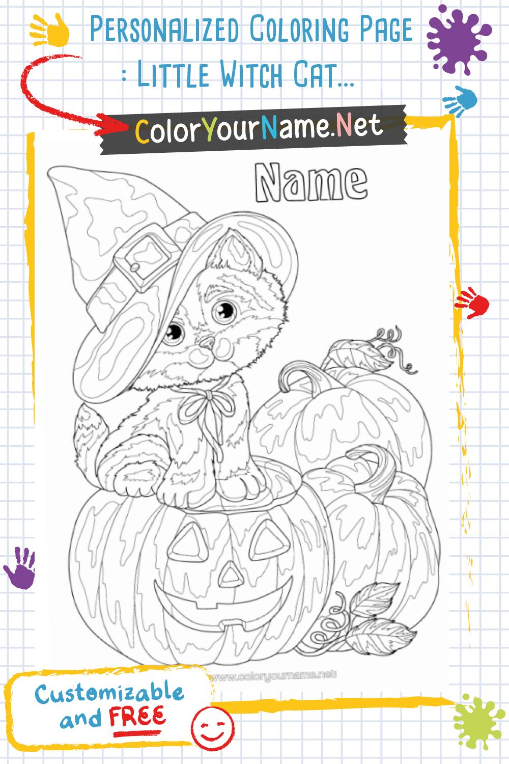 Personalized Coloring Page : Little Witch Cat on Pumpkins