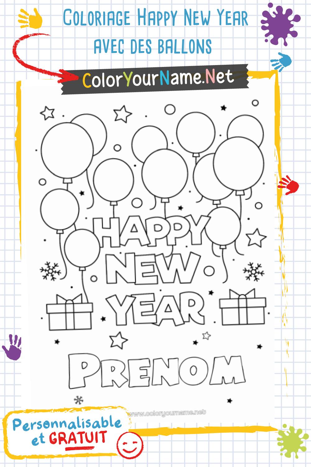 Coloriage Happy New Year avec des ballons
