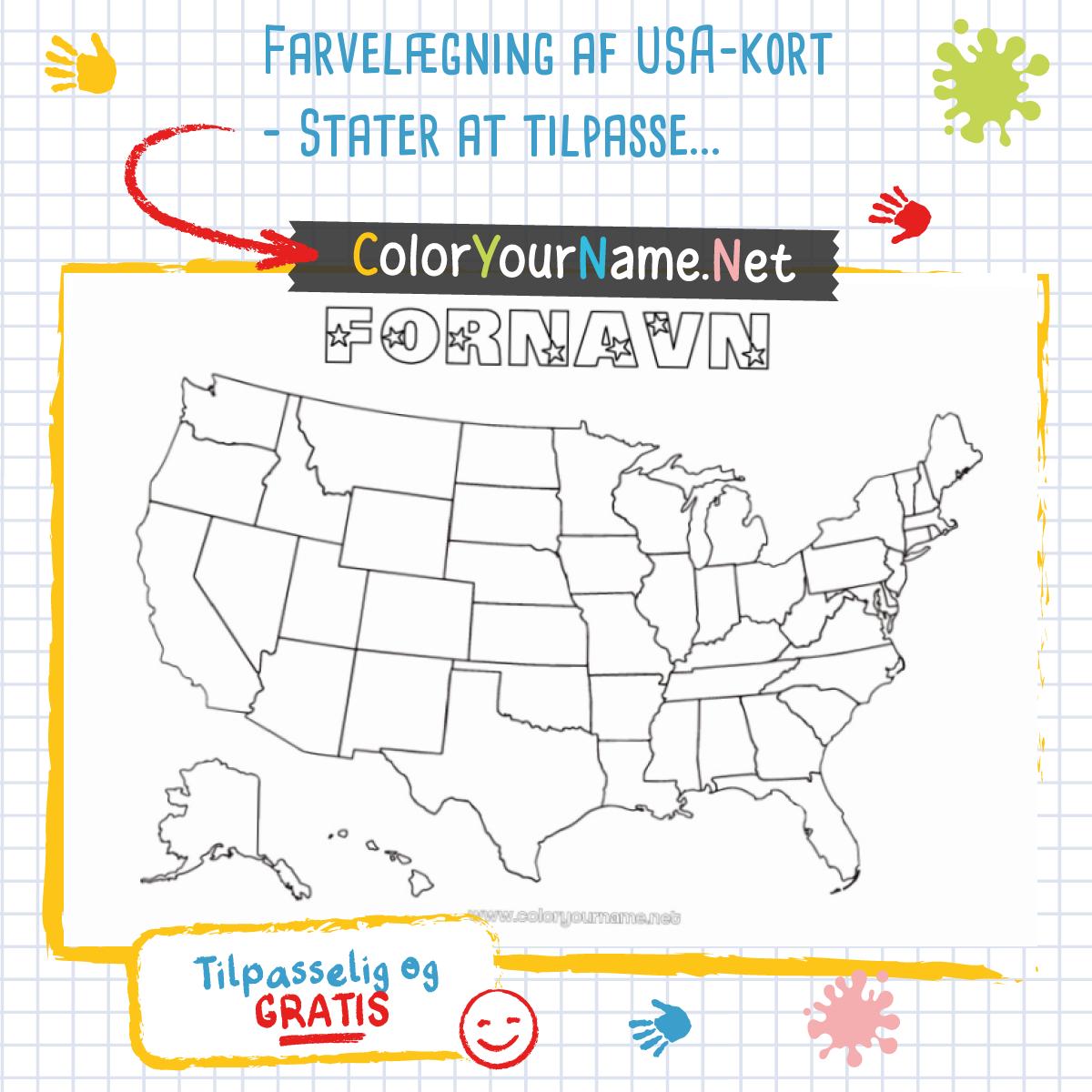 Farvelægning af USA-kort – Stater at tilpasse og printe gratis