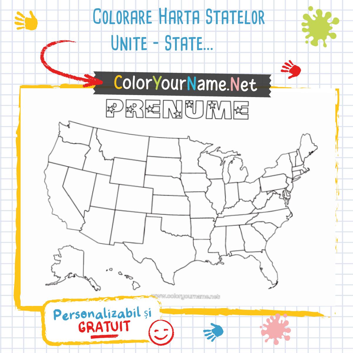 Colorare Harta Statelor Unite – State de Personalizat și Imprimat Gratuit