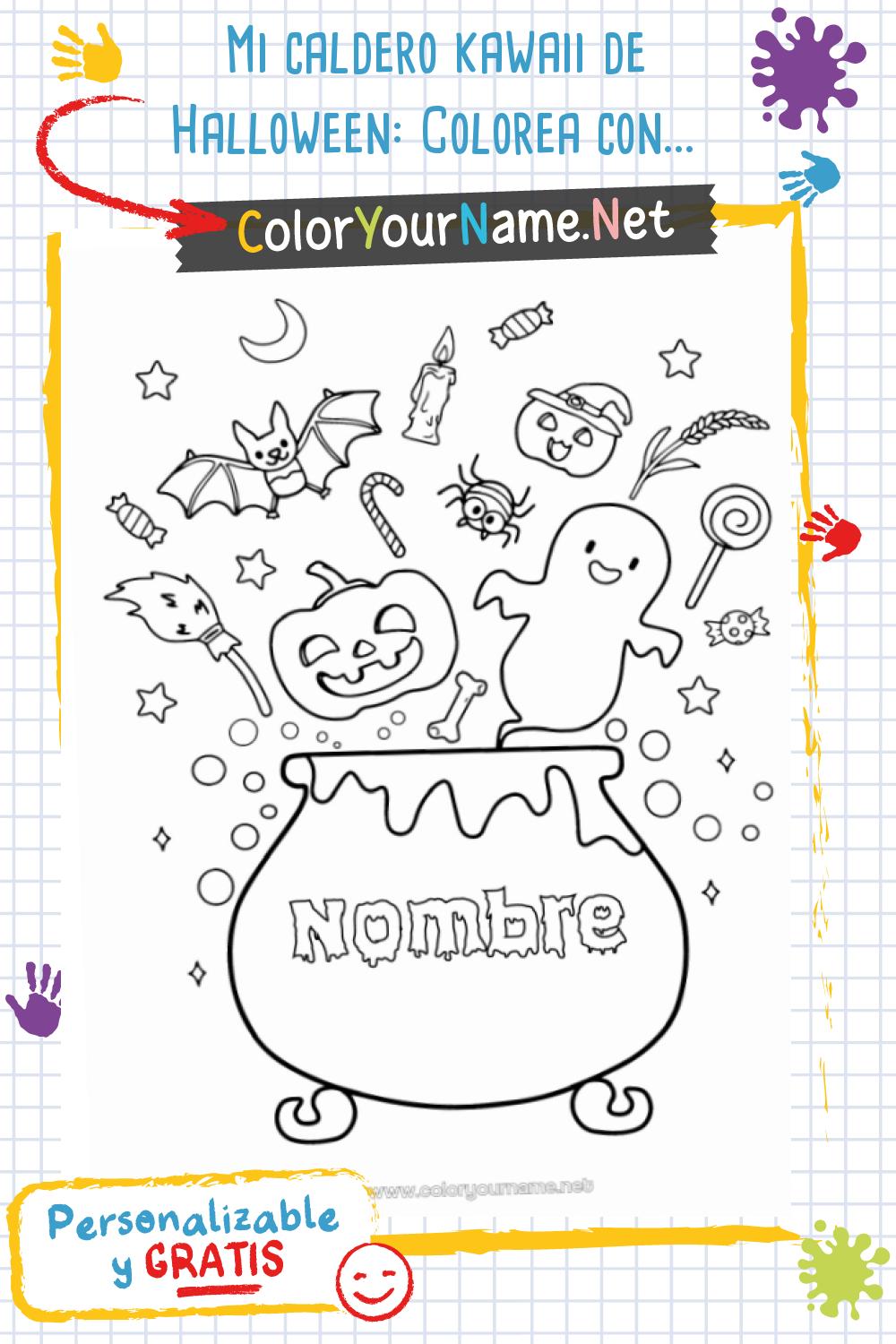 Mi caldero kawaii de Halloween: Colorea con tu nombre