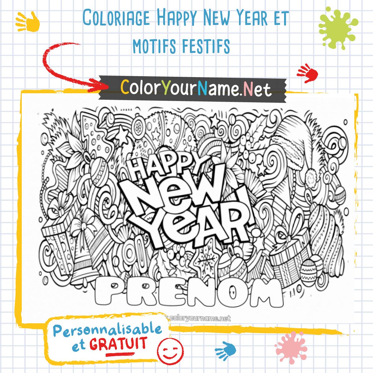 Coloriage Happy New Year et motifs festifs