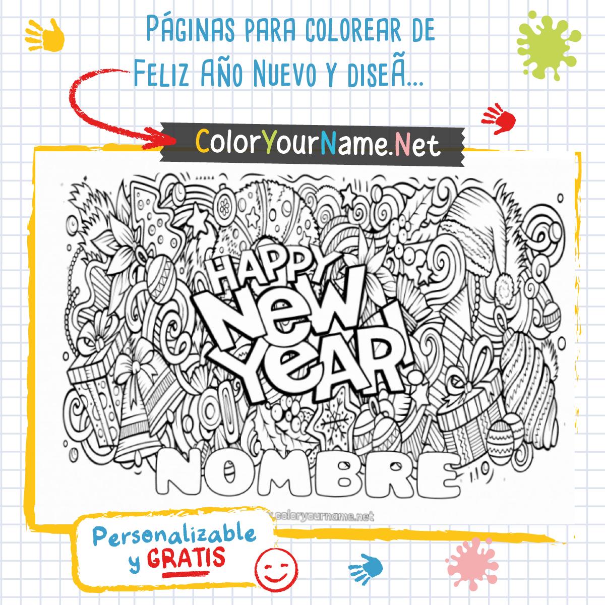 Páginas para colorear de Feliz Año Nuevo y diseños festivos