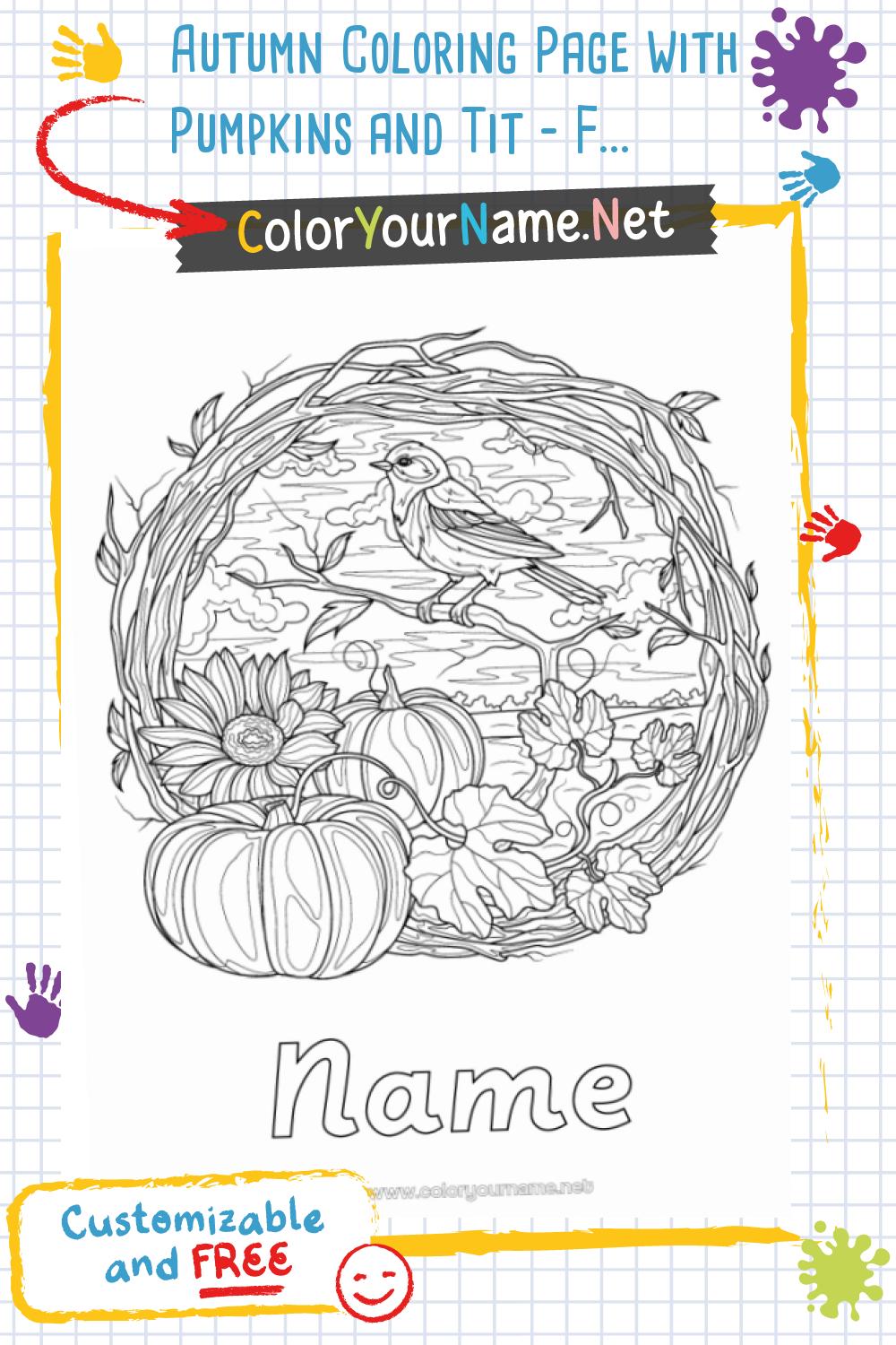 Autumn Coloring Page with Pumpkins and Tit – Free and Personalizable