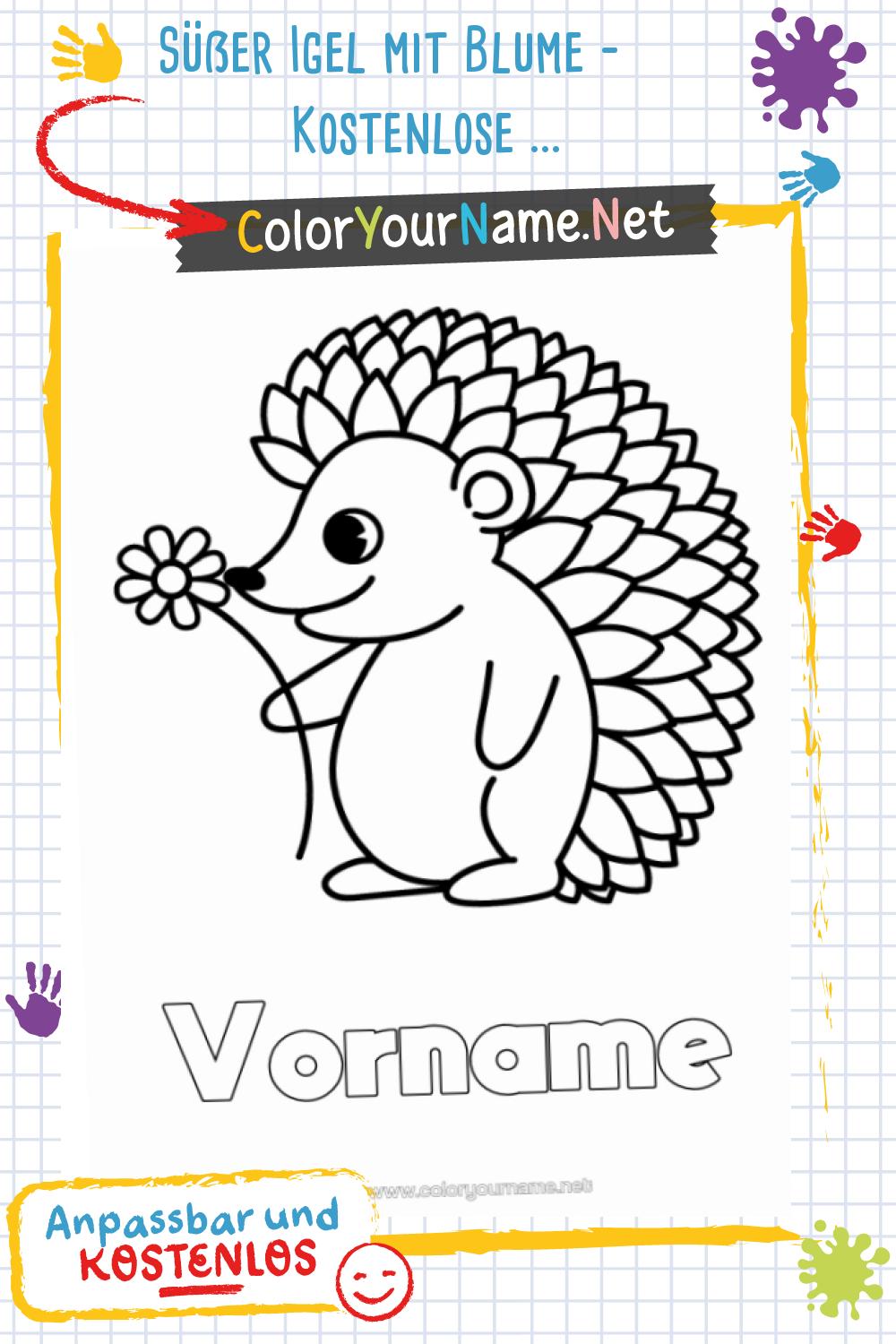 Süßer Igel mit Blume – Kostenlose und Personalisierbare Malvorlage